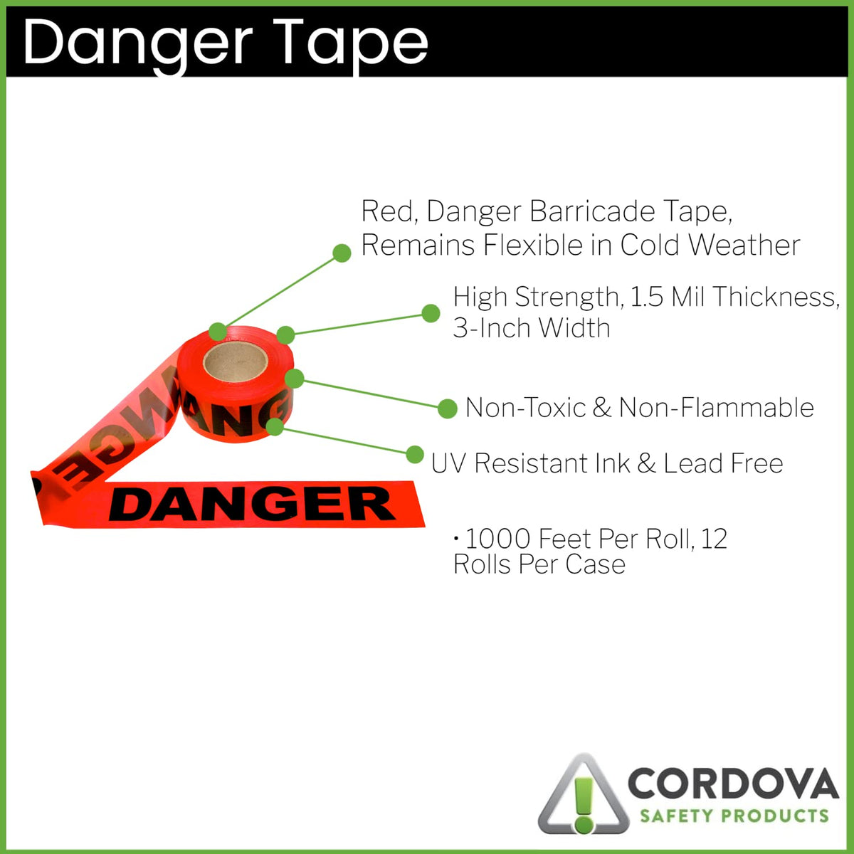 Cordova Pro Pack Red Danger Barricade Tape, 3 in. x 1000 ft. Roll, 12- – CalCleaningEquipment